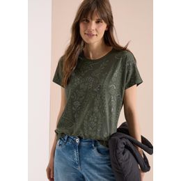 T-Shirt Cecil, Damen, Gr. M (40), gr&uuml;n (khaki), Web, 50% Baumwolle, 50% Modal, gebl&uuml;mt, comfort fit normal, Rundhals, abgesteppt, Shirts T-Shirt, Rundhalsausschnitt