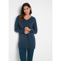 Longpullover bonprix "Long-Pullover", Damen, Gr. 36/38 (S), blau (dunkelblau), Feinripp, Obermaterial: 70% Baumwolle, 30% Polyamid, unifarben, loose fit Po-bedeckend, V-Ausschnitt, Strickb&uuml;ndchen, Pullover Longpullover, Feinstrick-Baumwollmischung, mit V-Ausschnitt, mit Seitenschlitzen