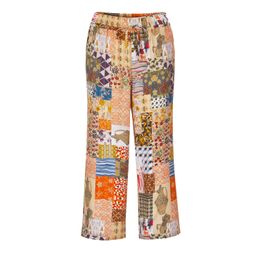 Schlupfhose GOLDNER "Kurzgr&ouml;&szlig;e Stoffhose mit Patchwork-Muster", Damen, Gr. 20, K-Gr, gelb (gelb, gemustert), Obermaterial: 100% Viskose CV., weit, Hosen Schlupfhose, Bindeband im Rundumdehnbund