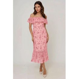 Schulterfreies Midikleid mit Blumenmuster und figurbetonter Passform