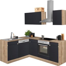 K&uuml;chenzeile Optifit "Roth", grau (k&uuml;che: grau, front: anthrazit, korpus: wildeichefarben, arbeitsplatte: wildeichefarben), B:210cm T:60cm, Komplettk&uuml;chen-Sets, K&uuml;chenzeile, Stellma&szlig;e 210x175 cm,wahlweise mit E-Ger&auml;ten, Push-to-Open-Funktion