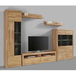 Wohnwand OTTO HOME "Ribe: 5teilig, Breite: 280cm,Fronten aus Massivholz,Korpus aus Melamin", beige (kernbuche teilmassiv), Holz teilmassiv, Kastenm&ouml;bel-Sets, Holz Wohnw&auml;nde Wohnwand, Glaseinsatz aus geh&auml;rtetem Glas, Einlegeb&ouml;den teilweise verstellbar
