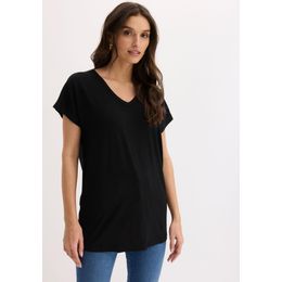 T-Shirt bonprix, Damen, Gr. 48/50 (XL), schwarz, Jersey, Obermaterial: 64% Polyester, 32% Viskose, 4% Elasthan, unifarben, bequem, Shirts T-Shirt, bequeme Passform, Kurzarm, tiefer R&uuml;cken-Ausschnitt