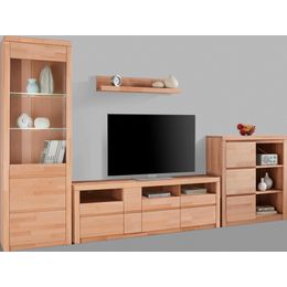 Wohnwand OTTO HOME "Silkeborg: 4-teilig, Breite: 310cm, Griffmulden, Fronten Massivholz", beige (kernbuche teilmassiv), Holzwerkstoff Kernbuchefarben (Korpus)/ Massivholz Kernbuche (Front), Holz teilmassiv, Kastenm&ouml;bel-Sets, Wohnwand, Set besteht aus 1 Vitrine, 1 Lowboard, 1 Highboard und 1 Wandregal