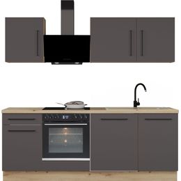 K&uuml;chenzeile KOCHSTATION "KS-Nova", grau (k&uuml;che: grau, front: grau matt, korpus: artisan eiche, arbeitsplatte: artisan eiche), B:220cm H:209cm T:60cm, Komplettk&uuml;chen-Sets, K&uuml;chenzeile, Breite 220 cm, wahlweise mit Hanseatic-E-Ger&auml;ten