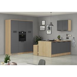 K&uuml;chenzeile KOCHSTATION "Luna, K&uuml;chenblock, K&uuml;cheninsel, H&auml;ngeschrank, Made in Italy", k&uuml;che: grau, front: anthrazit, korpus: eiche chopinfarben, arbeitsplatte: eiche chopinfarben, B:380cm, Komplettk&uuml;chen-Sets, K&uuml;chenzeile, 3er-Set, Metallgriffe, Soft-Close-Funktion, inklusive Sp&uuml;le
