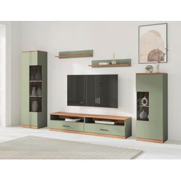Wohnwand OTTO HOME "Ribe: 5‑teilig, Oberplatte aus Massivholz, viel Stauraum, Trendfarbe", salbei, eiche, Holzwerkstoff, Massivholz, Kastenm&ouml;bel-Sets, Wohnwand, Breite: 240cm, Glaseinsatz aus geh&auml;rtetem Glas, variable Einlegeboden