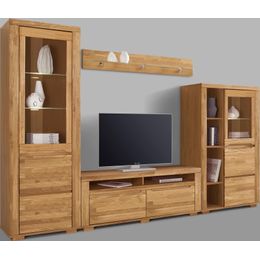 Wohnwand OTTO HOME "Denis: 4‑teilig, Griffmulden, Lowboard mit Kabelf&uuml;hrung, viel Stauraum", braun (eiche teilmassiv), Holzwerkstoff eichefarben (Korpus) / Massivholz Eiche (Front), Kastenm&ouml;bel-Sets, Wohnwand, Breite: 295cm, 1 Vitrine,1 Stauraumvitrine,1 Lowboard und 1 Wandregal