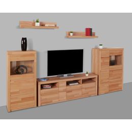 Wohnwand OTTO HOME "Silkeborg: 5-teilig, Breite: 310cm, Griffmulden, variable Einlegeboden", beige (kernbuche teilmassiv), Holzwerkstoff Kernbuchefarben (Korpus)/ Massivholz Kernbuche (Front), Holz teilmassiv, Kastenm&ouml;bel-Sets, Wohnwand, Fronten aus Massivholz und Korpus aus Holzwerkstoff