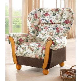 Sessel Home Affaire "Milano, bequemer Ohrensessel im Landhaus-Stil", braun (braun, gebl&uuml;mt), B:99cm H:107cm T:89cm, Chenille (70% Polyacryl, 30% Polyester);Chenille (70% Polyacryl, 30% Polyester) auf Korpus und Zierkissen, Sitz und R&uuml;cken im Blumenmuster &raquo;Paradise&laquo; (100% Polyester), Sessel, Sessel, Hochlehnsessel
