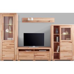Wohnwand OTTO HOME "Denis: 4‑teilig, Griffmulden, Lowboard mit Kabelf&uuml;hrung, viel Stauraum", beige (kernbuche teilmassiv), Holzwerkstoff Kernbuchefarben (Korpus)/ Massivholz Kernbuche (Front), Kastenm&ouml;bel-Sets, Wohnwand, Breite: 295cm, 1 Vitrine,1 Stauraumvitrine,1 Lowboard und 1 Wandregal, Topseller