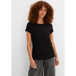 T-Shirt bonprix "Boxy-Shirt", Damen, Gr. 36/38 (S), schwarz, Web, Obermaterial: 100% Baumwolle, figurumspielend normal, Rundhals, Aufschlag, Shirts T-Shirt, lockere, figurumspielende Passform, Kurzarm, Rundhalsausschnitt