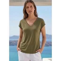 Spitzenshirt Tamaris, Damen, Gr. 34, gr&uuml;n (khaki), Single Jersey, Obermaterial: 95% Viskose, 5% Elasthan. Spitze: 95% Polyester, 5% Elasthan, unifarben, l&auml;ssig geschnitten h&uuml;ftlang, V-Ausschnitt, angeschnitten, Shirts, mit femininen V-Ausschnitt, l&auml;ssig geschnitten