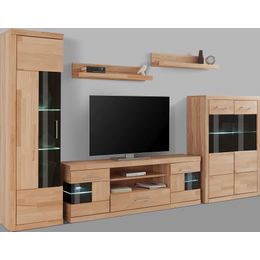 Wohnwand OTTO HOME "Ribe: 5teilig, Breite: 300cm,Fronten aus Massivholz,Korpus aus Melamin", beige (kernbuche teilmassiv), B:297cm H:180cm T:35cm, Holz teilmassiv, Kastenm&ouml;bel-Sets, Wohnwand, Glaseinsatz aus geh&auml;rtetem Glas, Einlegeb&ouml;den teilweise verstellbar, Topseller