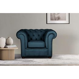 Sessel Home Affaire "CHARENTE, Chesterfield, Wellenfederung, Ma&szlig;e B/T/H: 105/89/74 cm", blau (dunkelblau), B:105cm H:74cm T:89cm, 100% Polyester, Sessel, Sessel, mit edler Knopfheftung und typischen Armlehnen