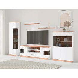 Wohnwand OTTO HOME "Ribe: 5teilig, Breite: 300cm,Fronten aus Massivholz,Korpus aus Melamin", wei&szlig; (wei&szlig;, kernbuche), B:297cm H:180cm T:35cm, Holz teilmassiv, Kastenm&ouml;bel-Sets, Wohnwand, Glaseinsatz aus geh&auml;rtetem Glas, Einlegeb&ouml;den teilweise verstellbar