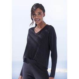 Strickpullover French Connection, Damen, Gr. 32/34, schwarz, Rippstrick, Obermaterial: 50% Viskose (LENZING&trade; ECOVERO&trade;), 28% Polyester, 22% Polyamid, unifarben, bequem h&uuml;ftlang, V-Ausschnitt, normaler Saum, Pullover Strickpullover, mit V-Ausschnitt, Loungewear