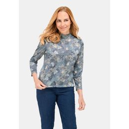 Rundhalspullover GOLDNER "Kurzgr&ouml;&szlig;e Floraler Strickpullover mit Stehkragen", Damen, Gr. 19, blau (rauchblau, gemustert), Obermaterial: 65% Polyester PES. 35% Viskose CV., eng, Pullover Rundhalspullover, hoher Baumwollanteil