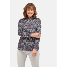 Print-Shirt GOLDNER "Kurzgr&ouml;&szlig;e Weicher Herbstsweater, Rei&szlig;verschluss", Damen, Gr. 19, blau (dunkelblau, dunkelrot, gemustert), Obermaterial: 65% Polyester PES. 35% Viskose CV., figurumspielend, Shirts, hochwertig bedruckt