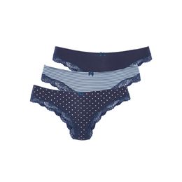 Brasilslip Lascana, Damen, Gr. 32/34, blau (marine, gepunktet, gestreift, uni), Obermaterial: 95% Baumwolle, 5% Elasthan. Spitze: 87% Polyamid, 13% Elasthan, gepunktet, gestreift, unifarben, k&ouml;rpernah, Unterhosen, aus elastischer Baumwolle mit zarter Spitze