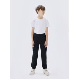 Cargohose name it "NKMRYAN CARGO R TWI PANT 2222-BA", M&auml;dchen, Gr. 116, N-Gr, schwarz, Web, Obermaterial: 98% Baumwolle, 2% Elasthan, regular fit normal, Hosen Cargohose