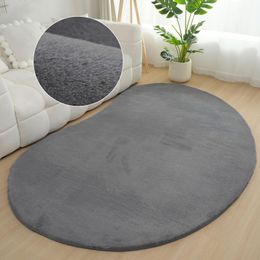 Hochflor-Teppich Bruno Banani "Rabbit 2 Bean, Kunstfell Teppich, Modern, besondere Form" Gr. 70, grau (anthrazit), B:100cm H:25mm L:150cm, Kunstfaser, Teppiche, Kaninchenfell-Haptik, Microfaser, Wohnzimmer, Schlafzimmer, Esszimmer