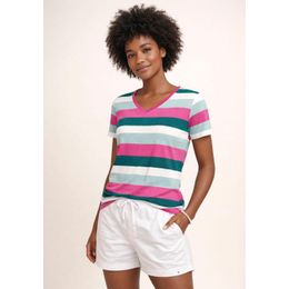 T-Shirt Kangaroos, Damen, Gr. 40/42, petrol, fuchsia, Rippware, Obermaterial: 100% Baumwolle, figurbetont h&uuml;ftlang, V-Ausschnitt, mit Aufschlag, Shirts T-Shirt, mit Streifen-Design