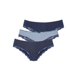 Slip Lascana, Damen, Gr. 40/42, blau (marine, gepunktet, gestreift, uni), Obermaterial: 95% Baumwolle, 5% Elasthan. Spitze: 87% Polyamid, 13% Elasthan, gepunktet, gestreift, unifarben, Unterhosen Slip, aus elastischer Baumwolle mit zarter Spitze