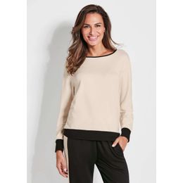 Sweater GOLDNER "Kurzgr&ouml;&szlig;e Luxuri&ouml;ses Langarm Viskose-Oberteil", Damen, Gr. 22, beige (beige, schwarz), Obermaterial: 64% Viskose CV. 30% Polyester COOLMAX(R) PES(Coolmax). 6% Elasthan EL., figurumspielend, eng, Homewear-Sets Sweater, raffiniertes Dessin