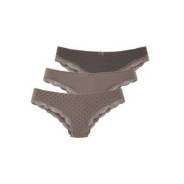 Brasilslip Lascana, Damen, Gr. 32/34, grau (taupe, uni, gepunktet, gestreift), Obermaterial: 95% Baumwolle, 5% Elasthan. Spitze: 87% Polyamid, 13% Elasthan, gepunktet, gestreift, unifarben, k&ouml;rpernah, Unterhosen, aus elastischer Baumwolle mit zarter Spitze