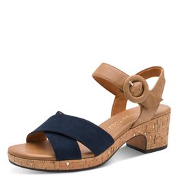Sandalette Marco Tozzi, Damen, Gr. 37, blau (navy), Lederimitat, Textil, Veloursleder, unifarben mit Farbeinsatz, Schuhe Sandalette, Blockabsatz, Plateau, Sommerschuh, Sandale mit Feel Me-Ausstattung