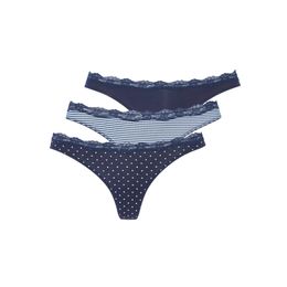 String Lascana, Damen, Gr. 36/38, blau (marine, gepunktet, gestreift, uni), Obermaterial: 95% Baumwolle, 5% Elasthan. Spitze: 87% Polyamid, 13% Elasthan, gepunktet, gestreift, unifarben, k&ouml;rpernah, Unterhosen String, aus elastischer Baumwolle mit zarter Spitze