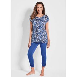 Hausanzug GOLDNER "Kurzgr&ouml;&szlig;e Moderner Strandanzug mit Druck", Damen, Gr. 20, blau (royalblau, gemustert), Obermaterial: 95% Viskose CV. 5% Elasthan EL., figurumspielend, Homewear-Sets Hausanzug, Seitliche Raffung am Bein