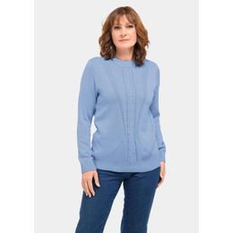 Rundhalspullover GOLDNER "Kurzgr&ouml;&szlig;e Stehkragenpullover im Zopfstrick", Damen, Gr. 24, blau (hellblau), Obermaterial: 50% Baumwolle CO. 50% Polyacryl PAN., gerade, Pullover Rundhalspullover, hoher Baumwollanteil