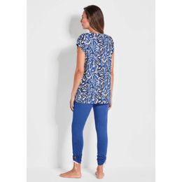 Hausanzug GOLDNER "Moderner Strandanzug mit Druck", Damen, Gr. 40, blau (royalblau, gemustert), Obermaterial: 95% Viskose CV. 5% Elasthan EL., figurumspielend, Homewear-Sets Hausanzug, Raffung am Bein