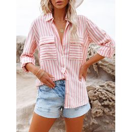Milan Kiss Bluse in Rosa/ Wei&szlig; - 56% | Gr&ouml;&szlig;e M | Damen-blusen