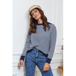 So Cachemire Pullover "Dweg" in Dunkelblau/ Wei&szlig; - 77% | Gr&ouml;&szlig;e L | Damen-pullover-cardigans