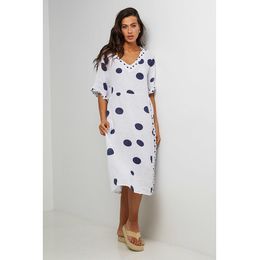 Le Monde du Lin Leinen-Kleid in Wei&szlig;/ Dunkelblau - 83% | Gr&ouml;&szlig;e 34/36 | Damen-kleider