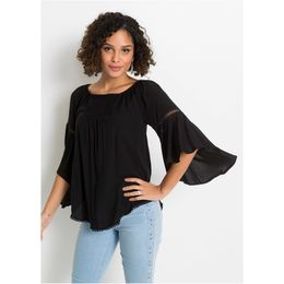 bonprix Schlupfbluse aus reiner Viskose, schwarz, Gr.42, Charmante Schlupfbluse mit Rundhalsausschnitt und abgerundeter Saum
