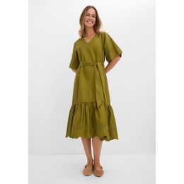 bonprix Midikleid aus reiner Baumwolle, gr&uuml;n, Gr.52, Mit kurzen &Auml;rmeln und Bindeband, aus 100% Baumwolle