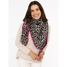 Dreieckstuch Zwillingsherz "Leo Leo", Damen, grau, Pl&uuml;sch, Polyester, kontrastfarbene Details, mehrfarbig, Modet&uuml;cher, Leomuster, pinke Kante, Teddyoptik