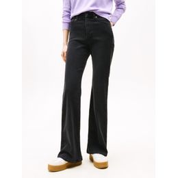 Bootcut-Jeans Tommy Jeans "SYLVIA HGH FLR", Damen, Gr. 32, L&auml;nge 30, blau (denim schwarz), Denim/Jeans, Obermaterial: 98% Baumwolle, 2% Elasthan, unifarben, ausgestellt kn&ouml;chellang, Jeans, Weite Beinform und Logo Stickerei auf der Ges&auml;&szlig;tasche