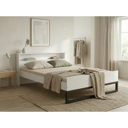 Bett OTTO HOME "Pannor, Industrial Design, mit Regal, Lattenrost inklusive", wei&szlig;, schwar, wei&szlig;, B:145cm H:79cm L:216cm, Betten, Bett, Kufengestell, bis 200 kg belastbar, FSC-zertifiziert, Made in EU