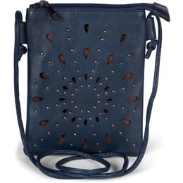Mini Bag styleBREAKER "Mini Umh&auml;ngetasche Blumen Cutouts und Nieten", Damen, Gr. B/H/T: 14cm x 19cm x 1,2cm Einheitsgr&ouml;&szlig;e, dunkelblau, 100% Polyurethan PU. Futter: 100% Polyester PES., gemustert, Taschen