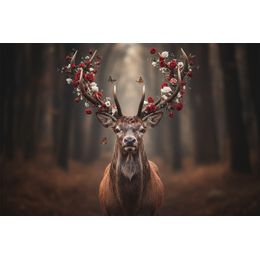 Bild B&Ouml;NNINGHOFF "HIRSCH MIT BLUMEN 60x90 cm &ndash; Leinwandbild Keilrahmen Deko modern", farbe bild(er): wei&szlig;, braun, gelb, rot, schwarz, B:90cm H:60cm T:1,8cm, Canvas, MDF, Bilder, Bild