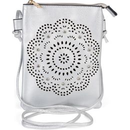 Mini Bag styleBREAKER "Mini Umh&auml;ngetasche Blumen Cutout und Strass", Damen, Gr. B/H/T: 14,5cm x 19,5cm x 2cm Einheitsgr&ouml;&szlig;e, silber, 100% Polyurethan PU. Futter: 100% Polyester PES., gemustert, Taschen