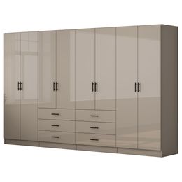 Kleiderschrank OTTO HOME "Trento Schlafzimmerschrank Garderobe hochglanz", sandgrau, B:320cm H:200cm T:56cm, FSC-zertifizierter Holzwerkstoff, Schr&auml;nke, Kleiderschrank, Schrank mit 8 T&uuml;ren und 6 Schubladen, hochgl&auml;nzende Fronten