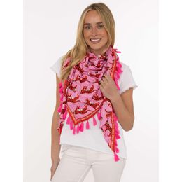 Dreieckstuch Zwillingsherz "Wild Vibes", Damen, pink, Web, Viskose, mehrfarbig, Modet&uuml;cher, mit Tasseln, farbenfroh, Schriftzug wild vibes, gl&auml;nzende Oberfl&auml;che