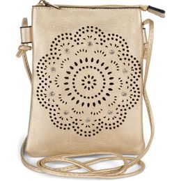 Mini Bag styleBREAKER "Mini Umh&auml;ngetasche Blumen Cutout und Strass", Damen, Gr. B/H/T: 14,5cm x 19,5cm x 2cm Einheitsgr&ouml;&szlig;e, gold, 100% Polyurethan PU. Futter: 100% Polyester PES., gemustert, Taschen