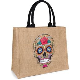 Henkeltasche styleBREAKER "Leinen Henkeltasche Sugar Skull", Damen, Gr. B/H/T: 41cm x 33cm x 17cm Einheitsgr&ouml;&szlig;e, braun, Obermaterial: 100% Leinen LI., gemustert, Taschen